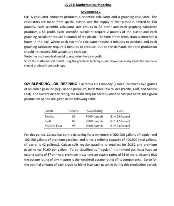 Solved CS 241: Mathematical Modeling Assignment 2 Q1: A | Chegg.com