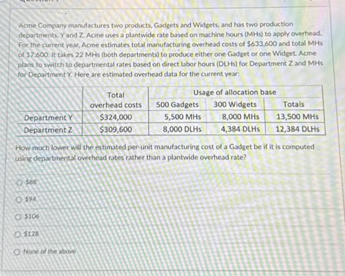 Acme Company manufactures two products, Gadgets and | Chegg.com