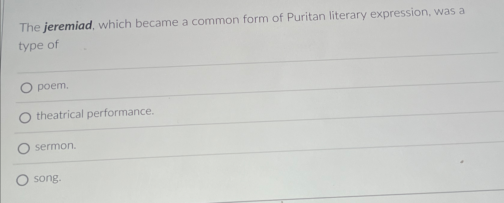Solved The jeremiad, which became a common form of Puritan | Chegg.com