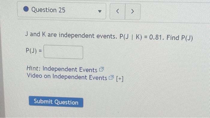 Solved J and K are independent events. P(J∣K)=0.81. Find | Chegg.com