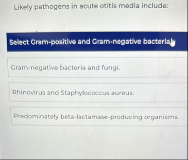 Solved Likely pathogens in acute otitis media include:Select | Chegg.com