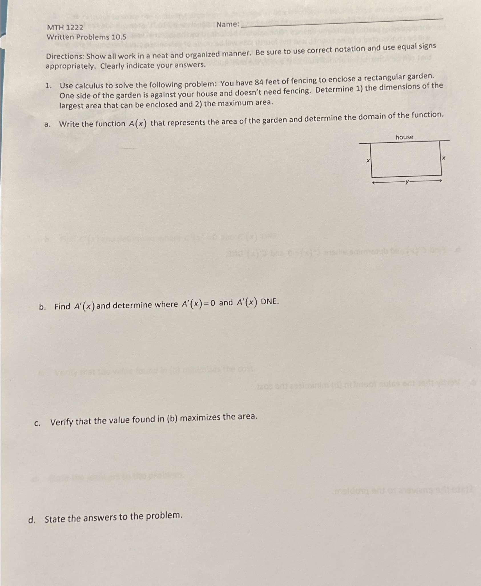 Solved MTH 1222Name:Written Problems 10.5Directions: Show | Chegg.com