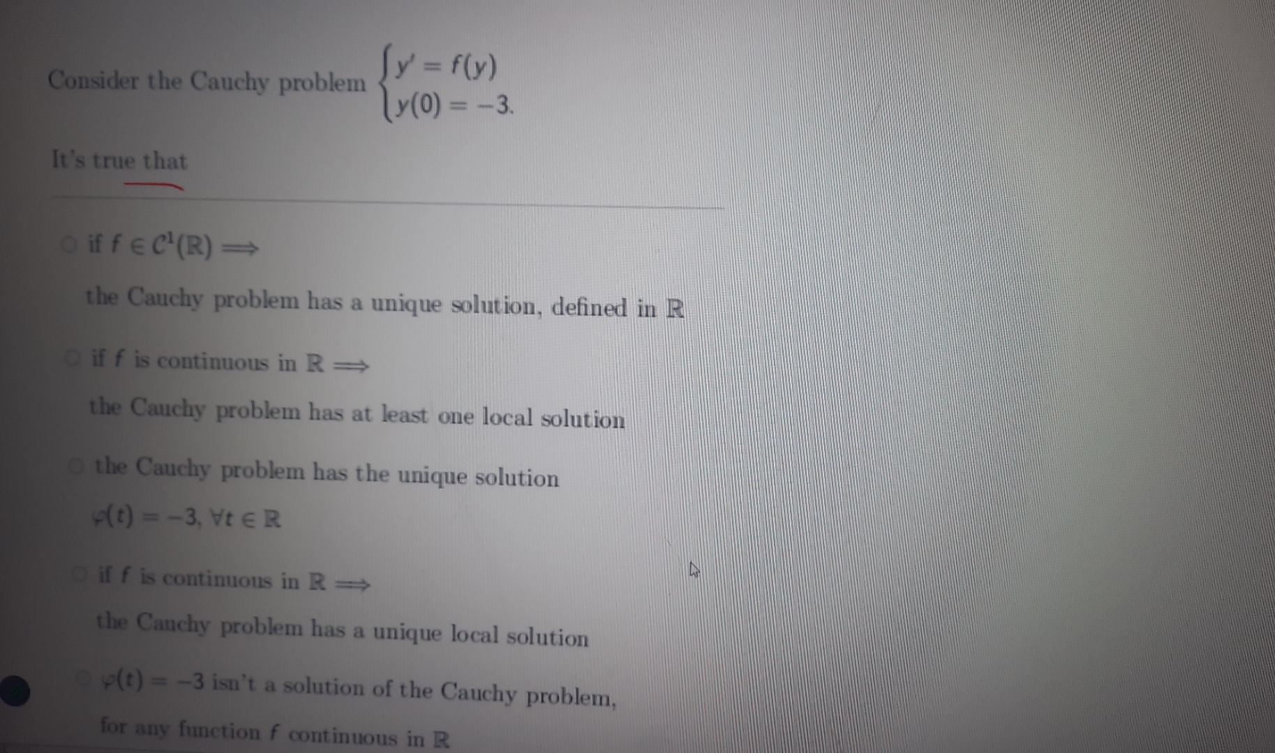 Solved Consider the Cauchy problem y'=f(y)y(0)=-3It's true | Chegg.com