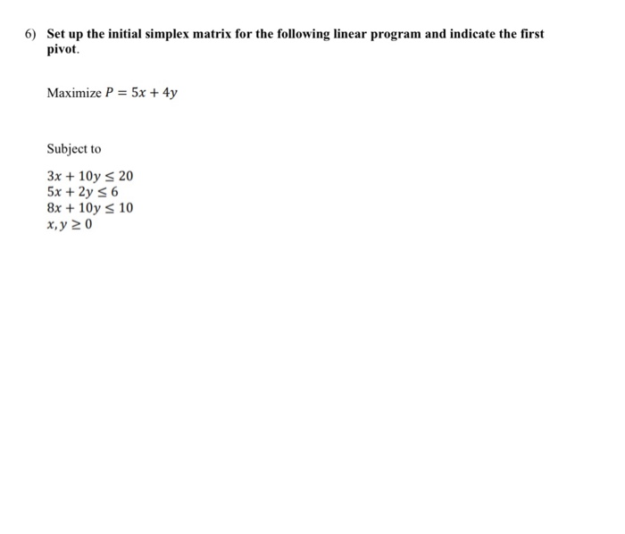 Solved 6) Set up the initial simplex matrix for the | Chegg.com