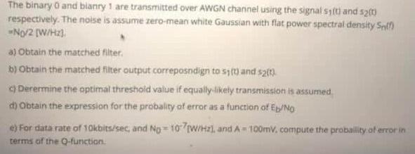 The binary O and blanty 1 are transmitted over AWGN | Chegg.com