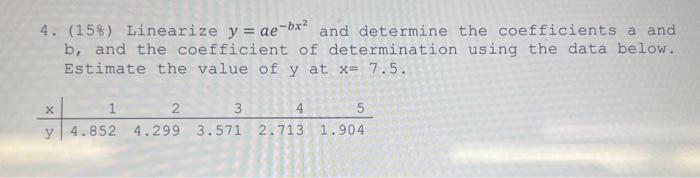 Solved 4. (15%) Linearize y = ae-bx² and determine the | Chegg.com