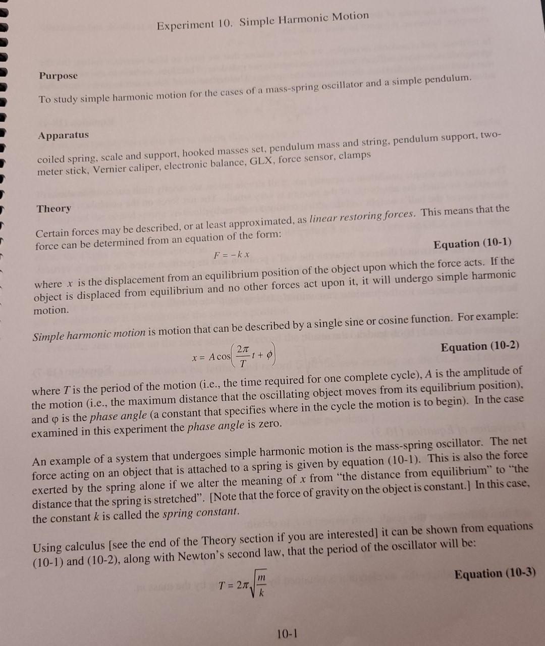 Solved Experiment 10. Simple Harmonic Motion Purpose To | Chegg.com