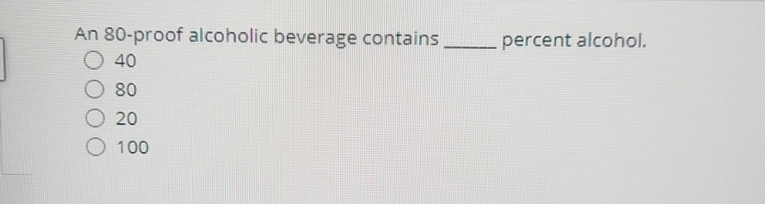 Solved An 80-proof alcoholic beverage containsO 4080O 20O | Chegg.com