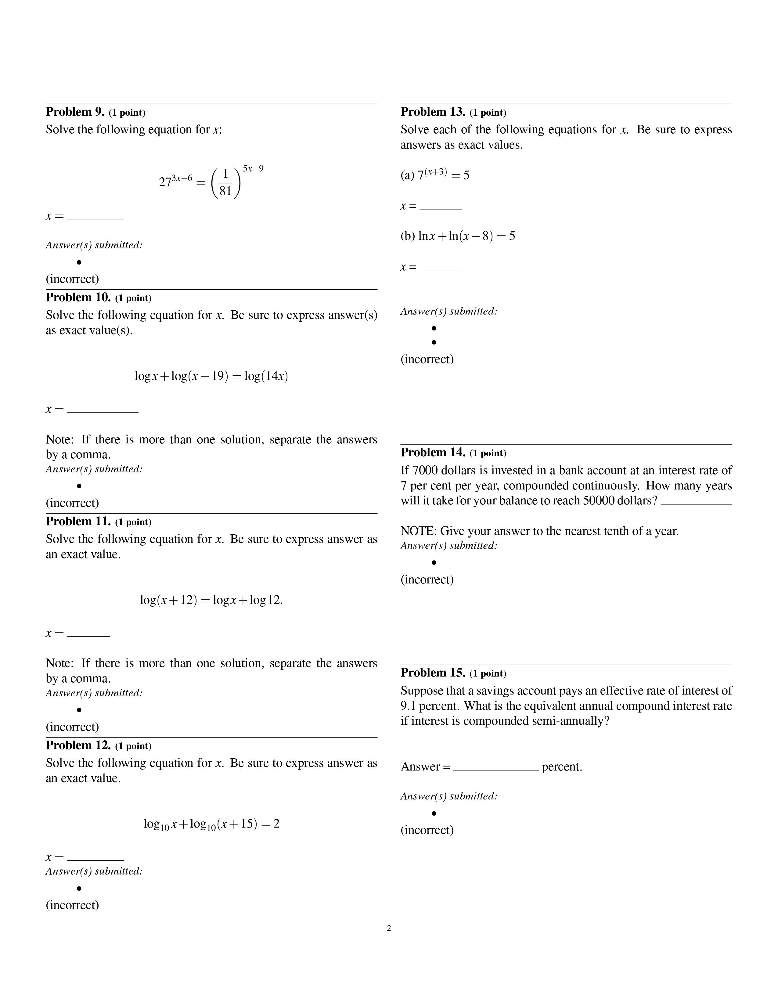 Solved Problem 9. (1 ﻿point)Solve the following equation for | Chegg.com