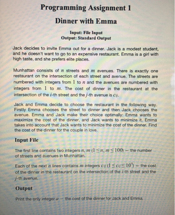Solved Programming Assignment 1 Dinner with Emma Input: File | Chegg.com