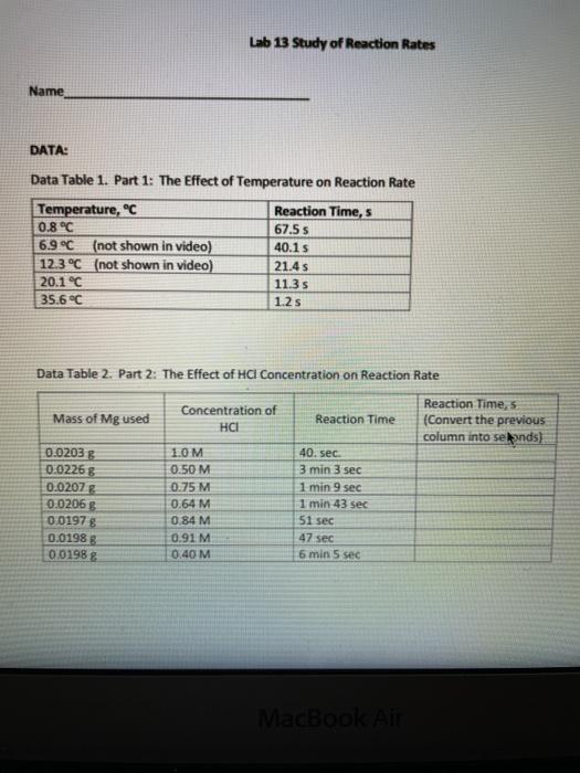 Lab 13 Study of Reaction Rates Name DATA: Data Table | Chegg.com