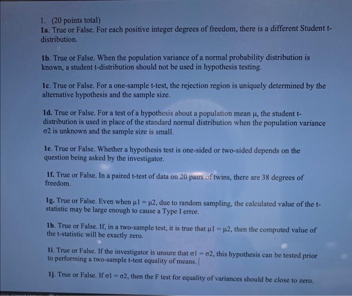 Solved 1. (20 points total) 1a. True or False. For each | Chegg.com