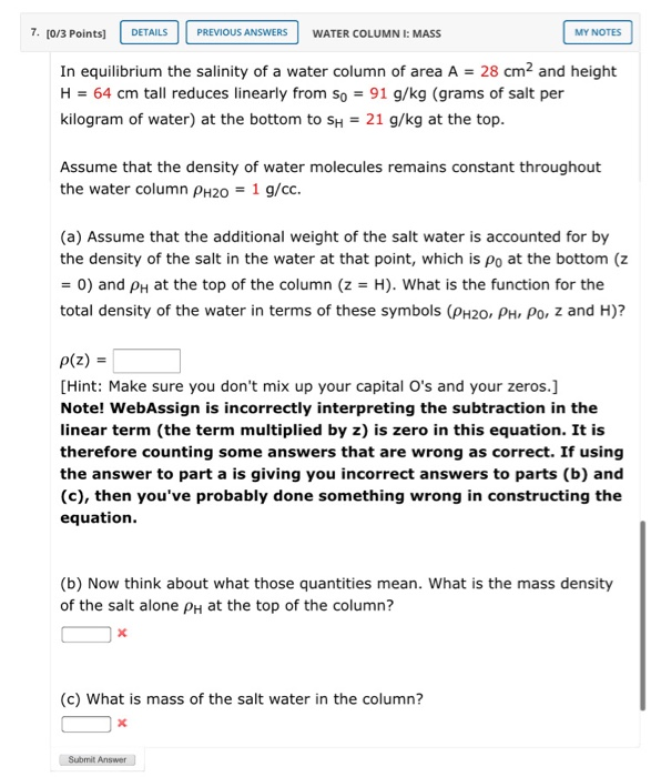 Solved In equilibrium the salinity of a water column of area | Chegg.com