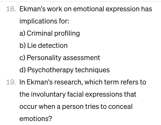 Solved Ekman's work on emotional expression has implications | Chegg.com