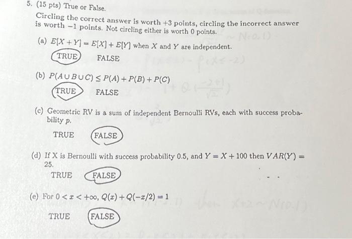 Solved 5. (15 pts) True or False. Circling the correct | Chegg.com
