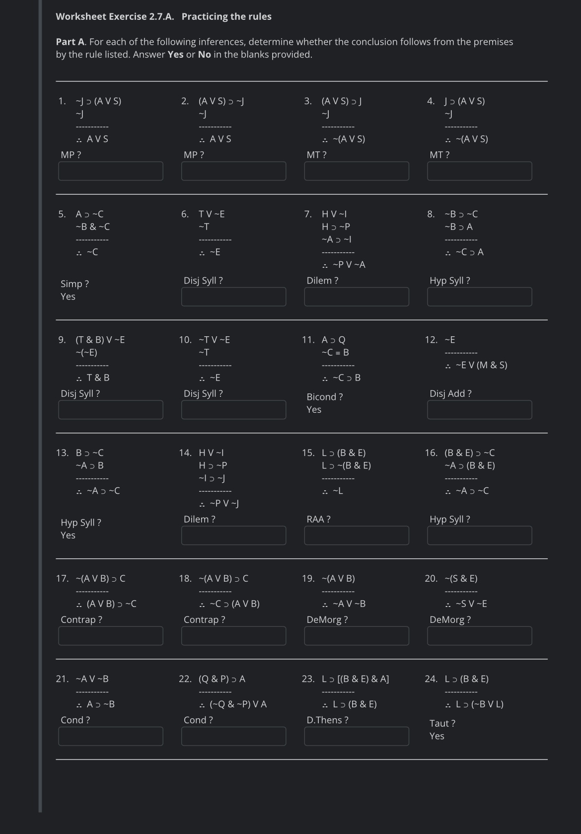 Solved Worksheet Exercise 2.7.A. ﻿Practicing the rulesPart | Chegg.com