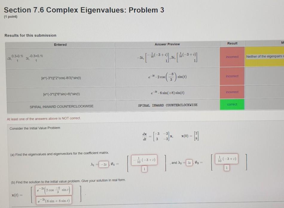 Solved Section 7.6 Complex Eigenvalues: Problem 3 (1 point) | Chegg.com