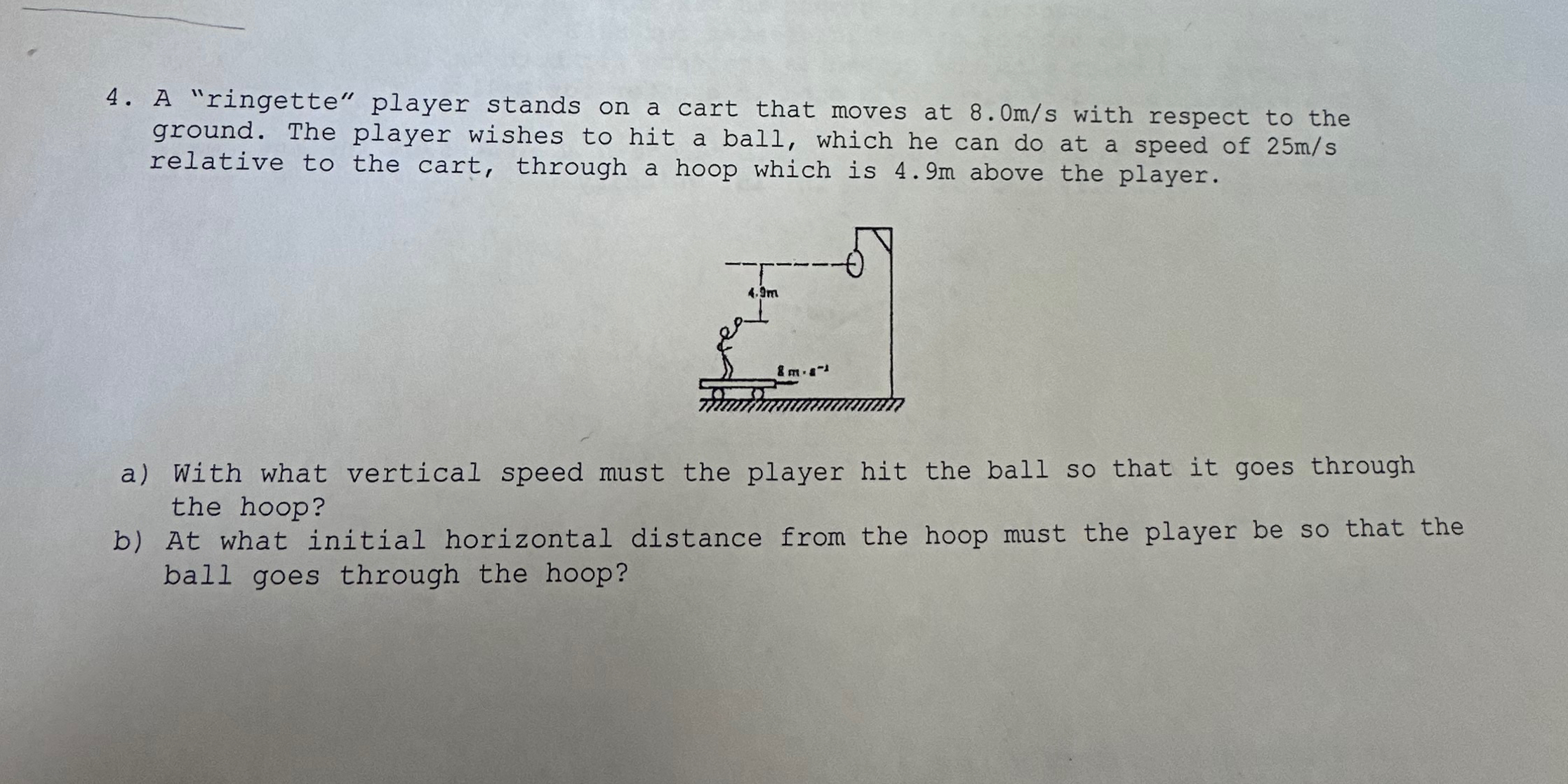 Solved A "ringette" player stands on a cart that moves at | Chegg.com