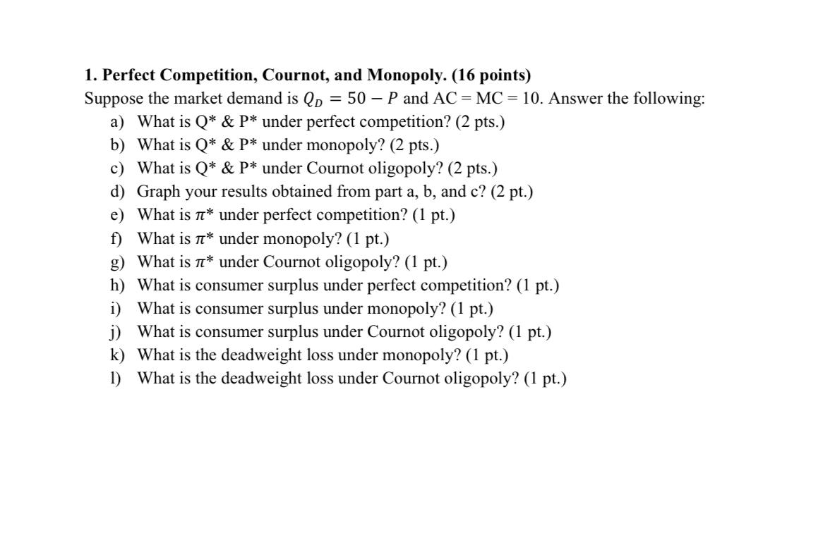 Solved Perfect Competition, Cournot, and Monopoly. (16 | Chegg.com