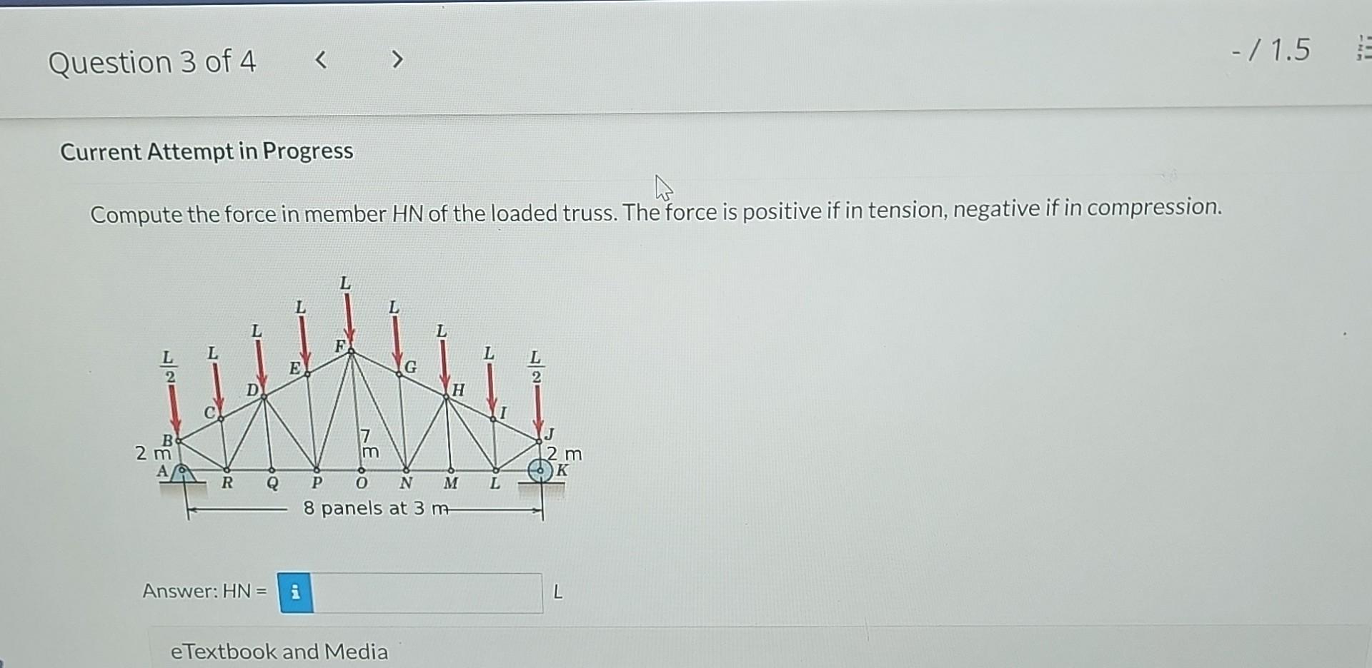 Solved Compute the force in member HN of the loaded truss. | Chegg.com