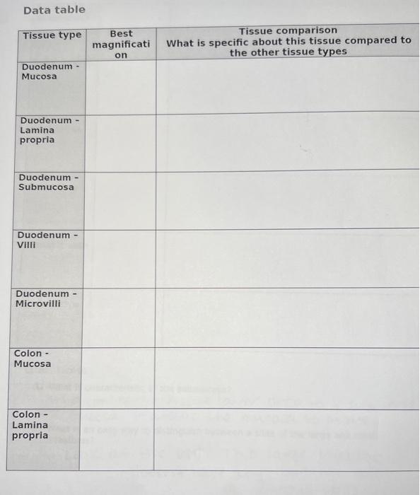Data table Tissue type Duodenum - Mucosa Duodenum - | Chegg.com