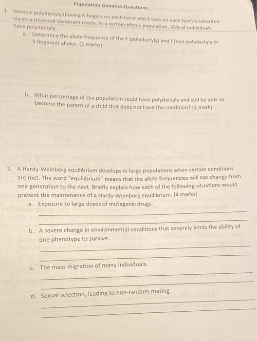 Solved Population Genetics Questions 1. Genetic polydactyly | Chegg.com