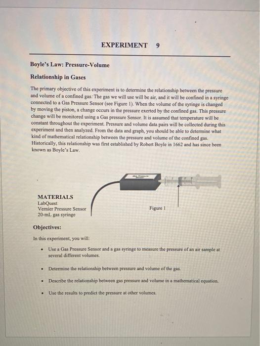 EXPERIMENT 9 Boyle's Law: Pressure-Volume | Chegg.com