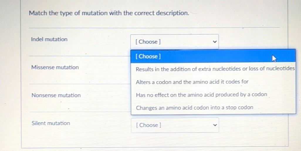 Solved Match the type of mutation with the correct | Chegg.com