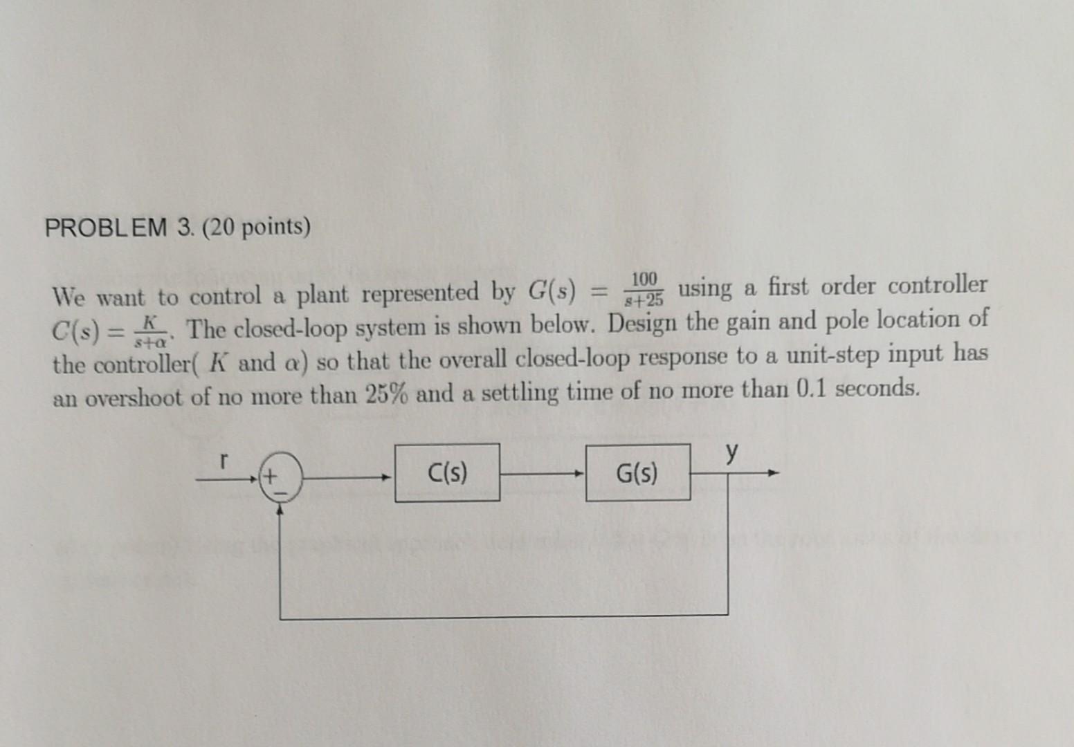 Solved We want to control a plant represented by | Chegg.com