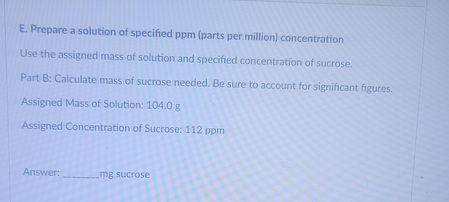 Solved E. Prepare a solution of specified ppm (parts per | Chegg.com