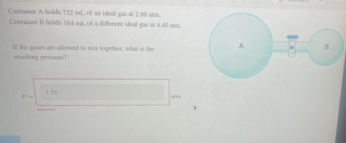 Solved Container A holds 732 mL of an ideal gas at 2.80 atm | Chegg.com