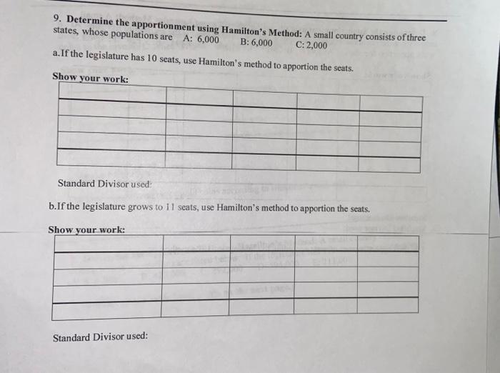 Solved 9. Determine the apportionment using Hamilton's | Chegg.com