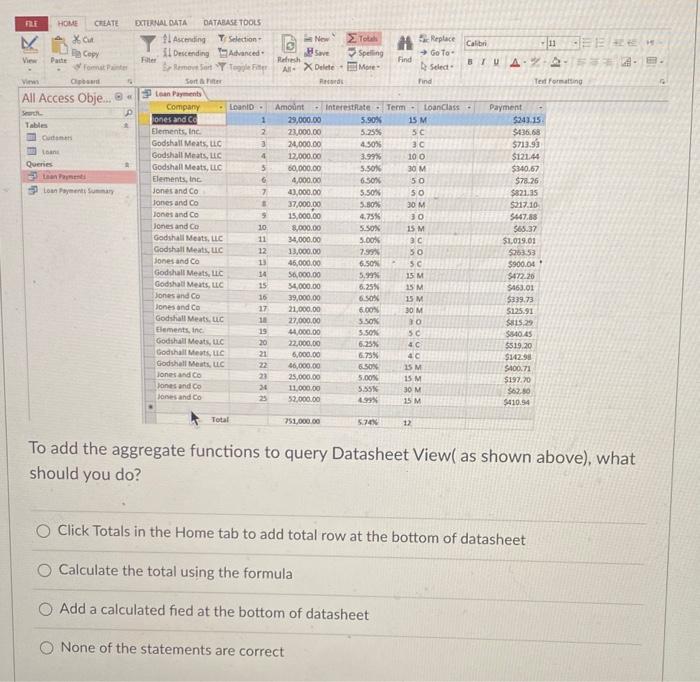 Solved To add the aggregate functions to query Datasheet | Chegg.com