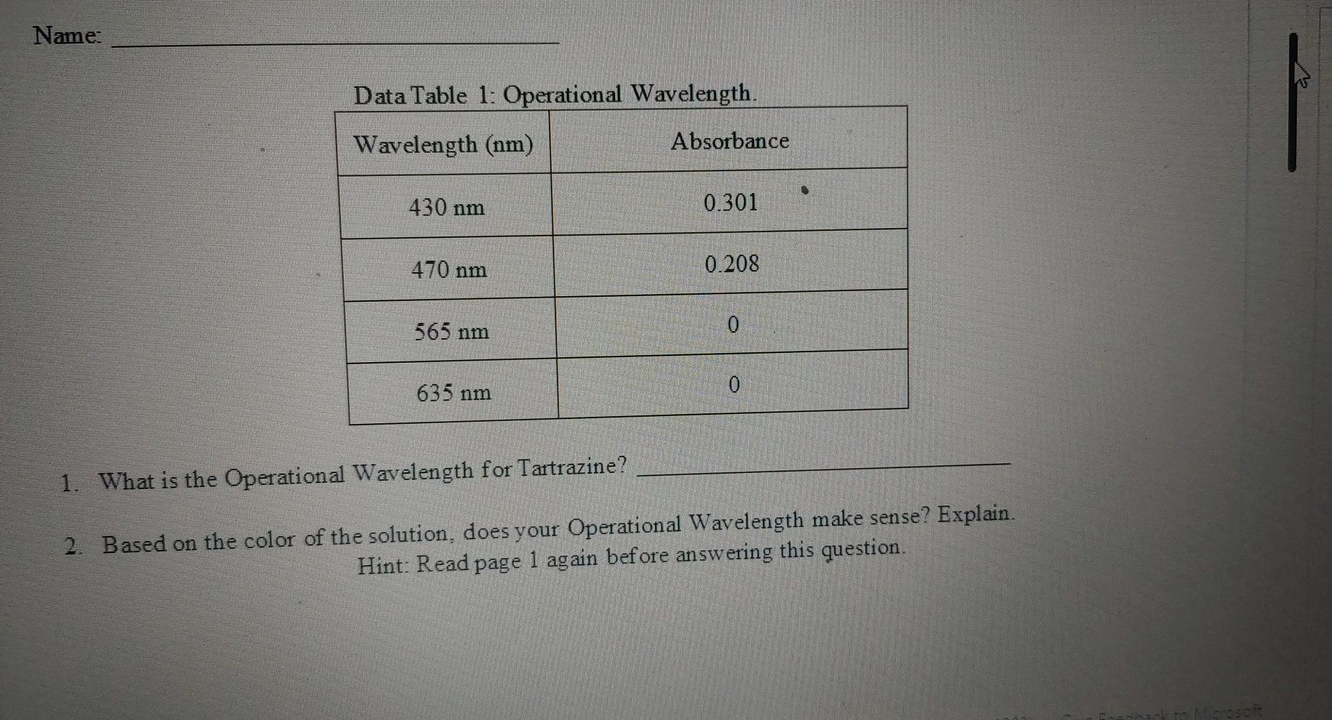 Name: Data Table 1: Operational Wavelength. | Chegg.com