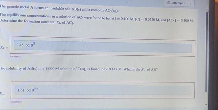 Solved The generic metal A forms an insoluble salt AB(s) and | Chegg.com