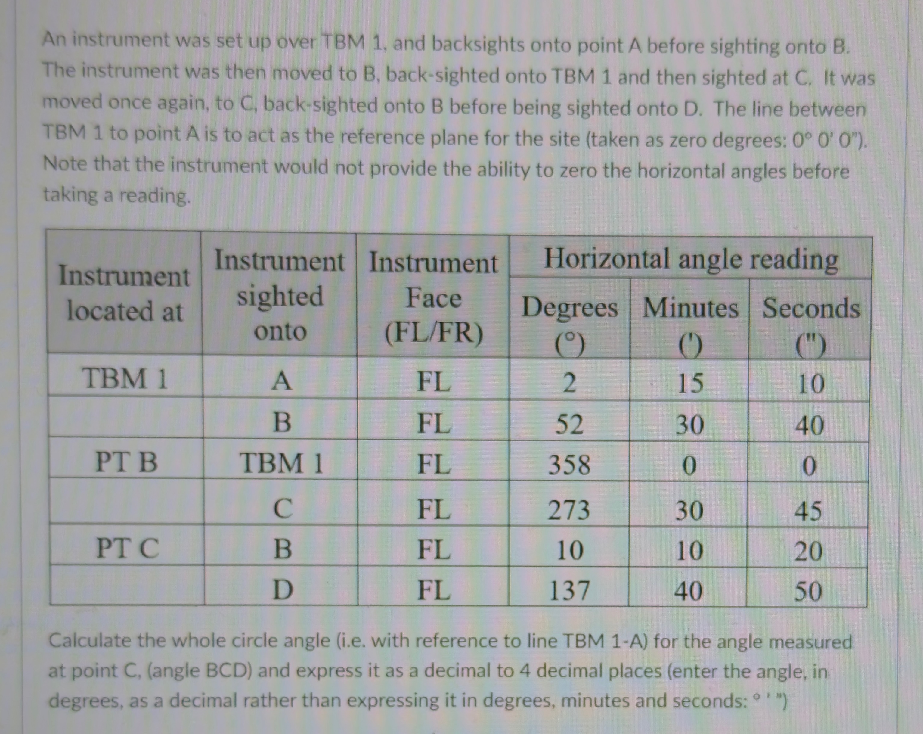 An instrument was set up over TBM 1, ﻿and backsights | Chegg.com