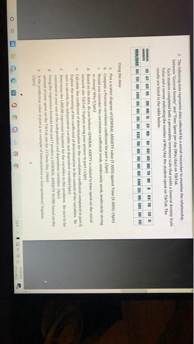Solved 3. The following data represents data collected by a | Chegg.com