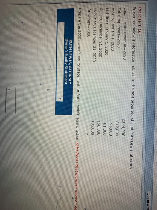 Solved CALCULATO Exercise 1-16 Presented below is | Chegg.com Solved CALCULATO Exercise 1-16 Presented below is | Chegg.com