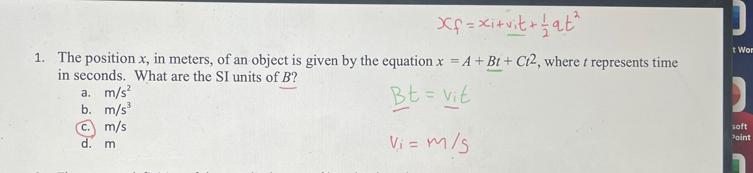 Solved xf=xi+vit+12qt2The position x, ﻿in meters, of an | Chegg.com