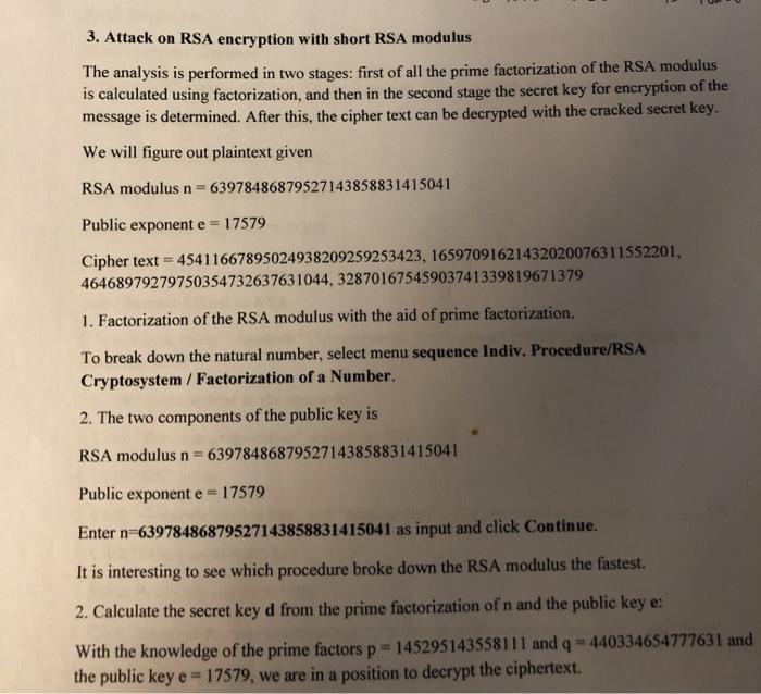 Solved 3. Attack on RSA encryption with short RSA modulus | Chegg.com