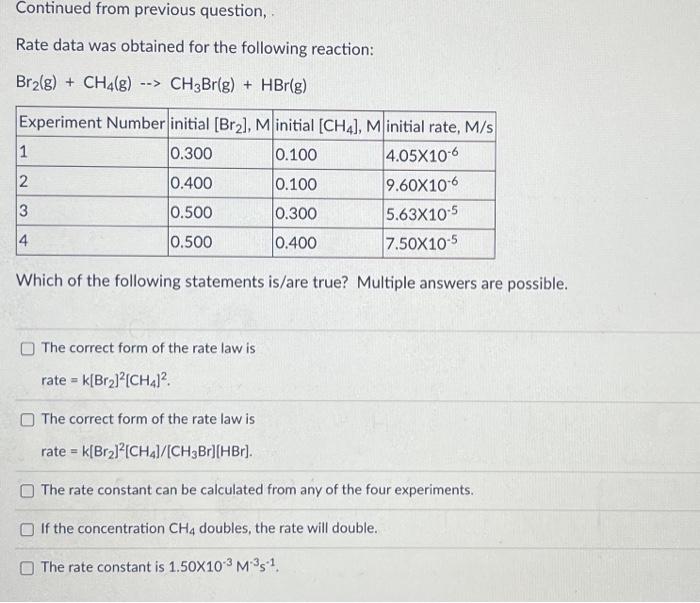 Solved Continued from previous question, . Rate data was | Chegg.com