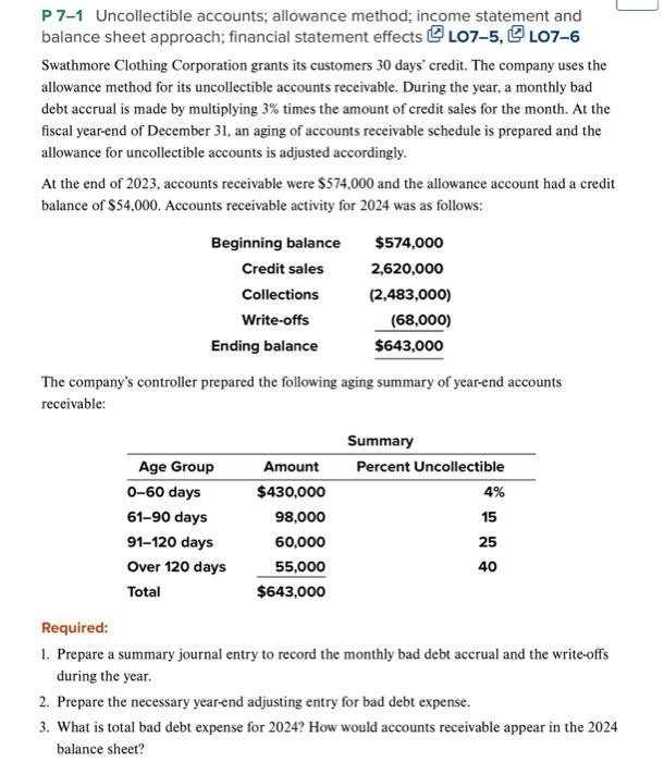 Solved P 7-1 Uncollectible accounts; allowance method; | Chegg.com