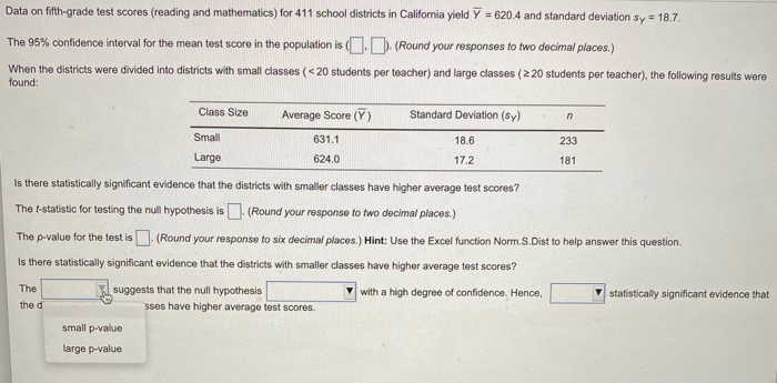 Solved Data on fifth-grade test scores (reading and | Chegg.com