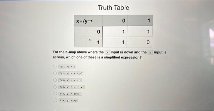 Solved Truth Table 0 1 x+/y→ 0 1 1 1 0 For the K-map above | Chegg.com