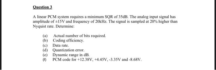 Solved A linear PCM system requires a minimum SQR of 35 dB. | Chegg.com