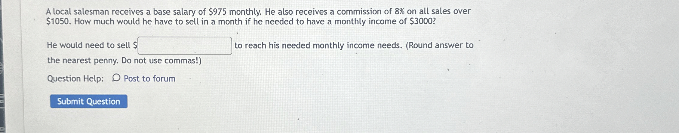 Solved A local salesman receives a base salary of $975 | Chegg.com