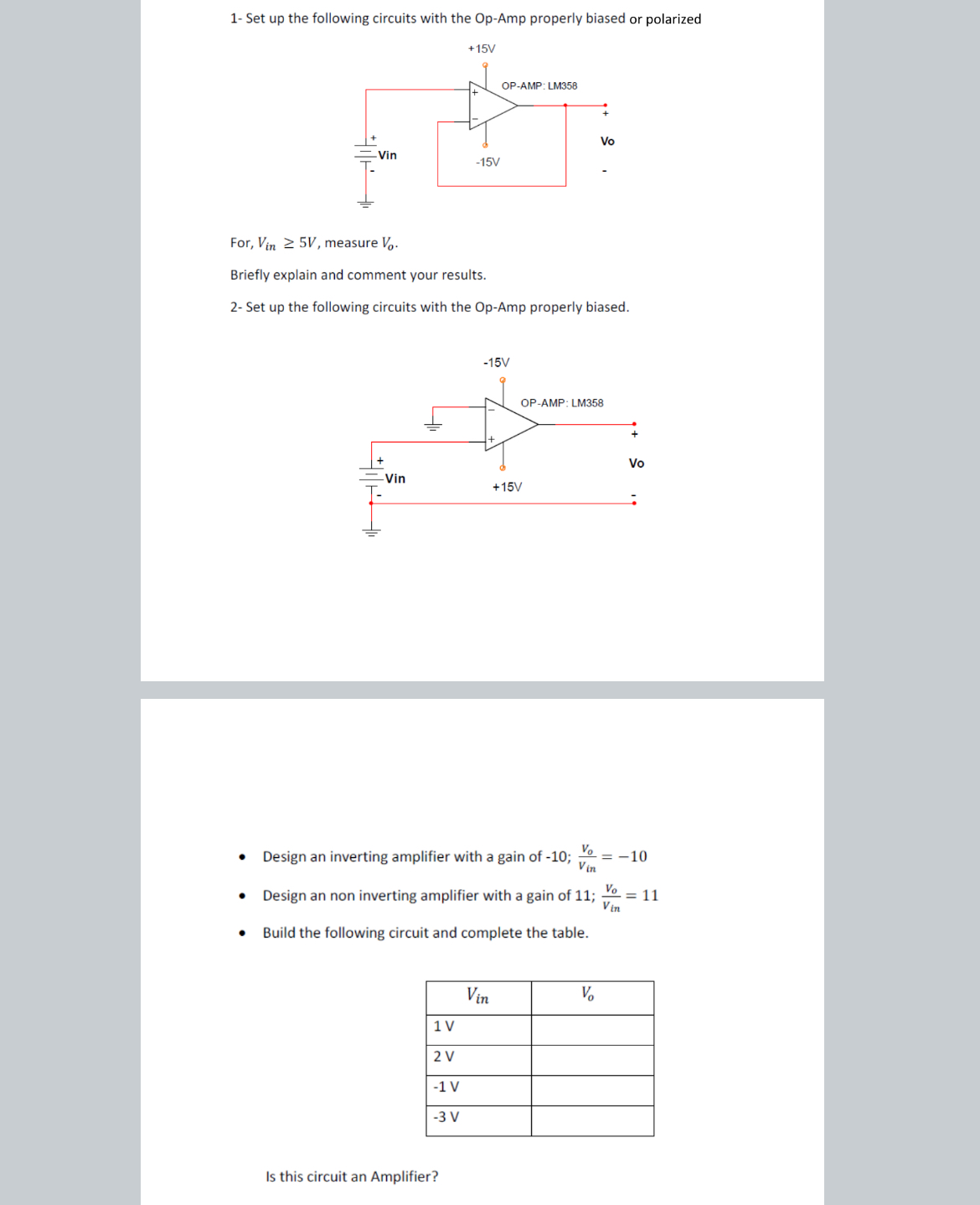 Solved 1- ﻿Set up the following circuits with the Op-Amp | Chegg.com