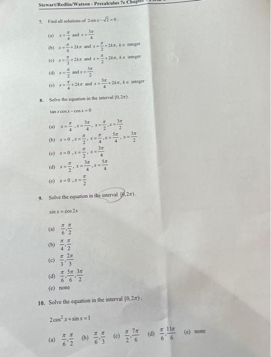 Solved Stewart/Redlin/Watson - Precalculus 7e Chapter 7 Form | Chegg.com