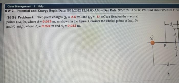 Solved (10\%) Problem 4: Two point charges Q1=4.6mC and | Chegg.com