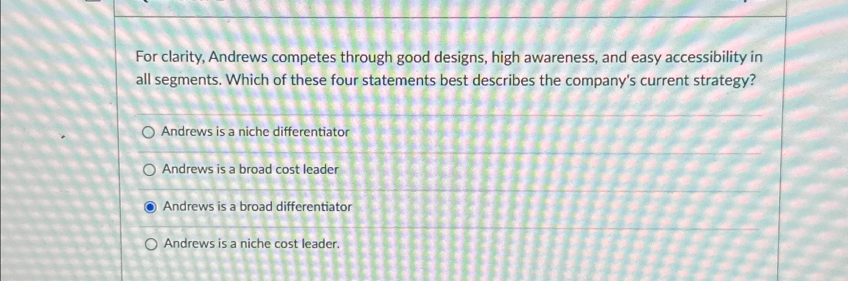 Solved For clarity, Andrews competes through good designs, | Chegg.com